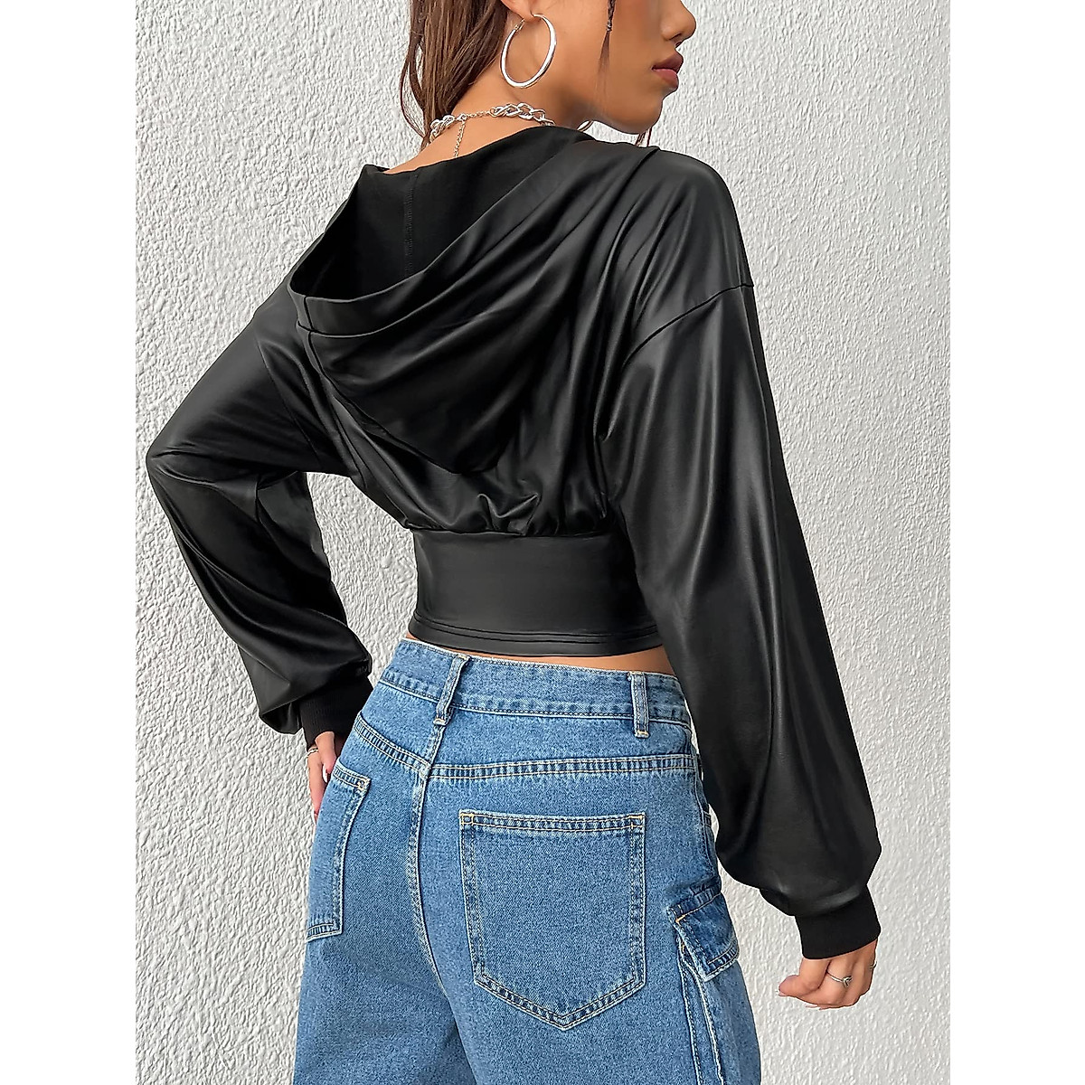 WDIRARA Women's PU Leather Ruched Zip Up Hoodie Long Sleeve Drop Shoulder Crop Jacket Black XS