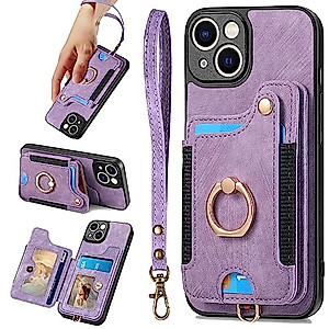 JanCalm for iPhone 14 Case,Phone Case for iPhone 13,Card Holder Wallet,Ring Holder Stand,RFID-Blocking,Wrist Strap,Camera Protector,Leather Protective Magnetic Flip Cover for iPhone 13/14 (Purple)