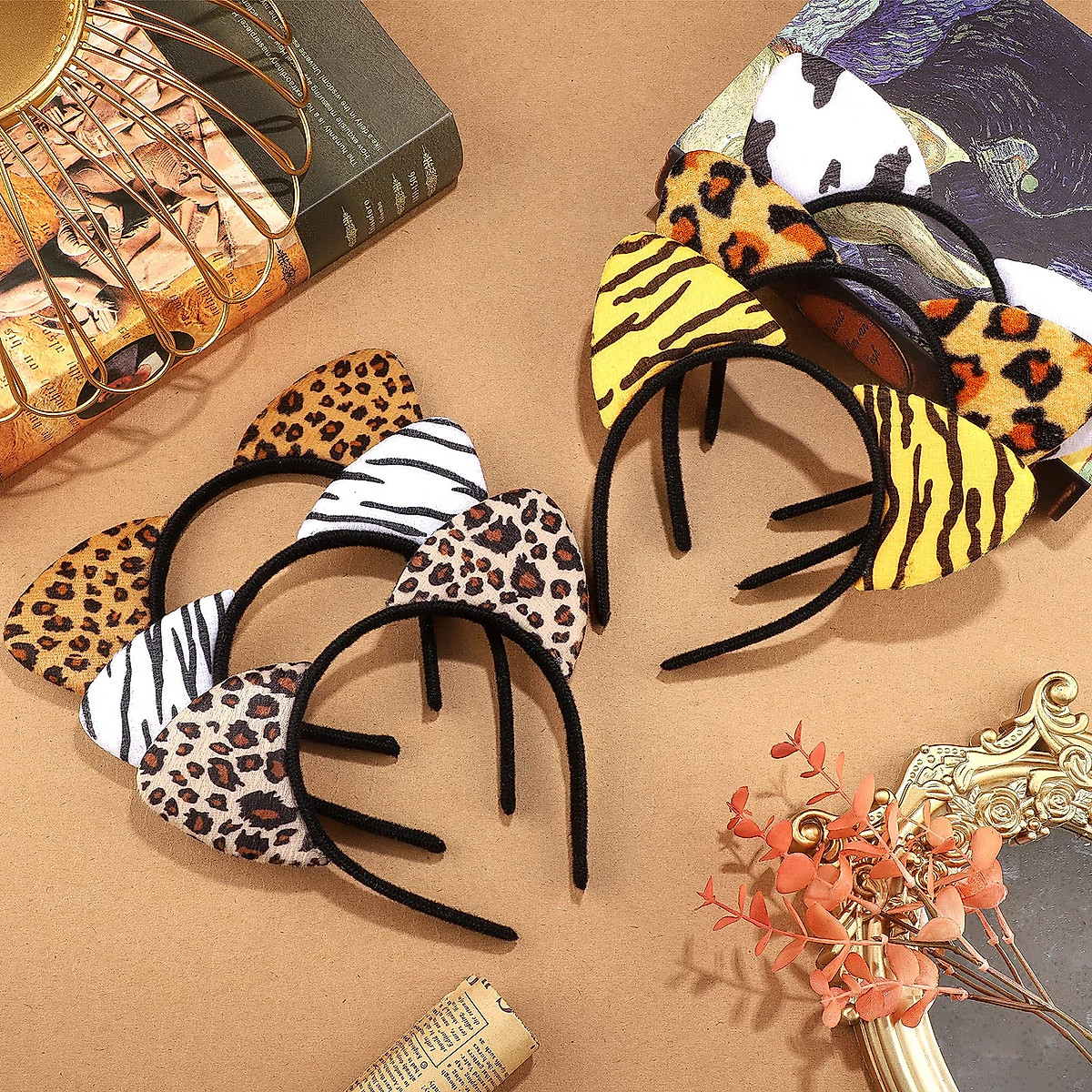 WILLBOND 12 Pieces Cheetah Ears Headband for Women Leopard Cat Ears Headband Holiday Party Supplies(Assorted Animal Series)