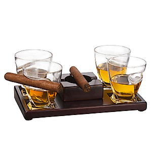 The Wine Savant Cigar Glasses Tray & Ash Tray, 4 Whiskey Cigar Glasses Slot to Hold Cigar, Whiskey Glass Gift Set, Cigar Rest, Accessory Set Gift for Dad, Men Home Office Decor Gifts, Man Cave