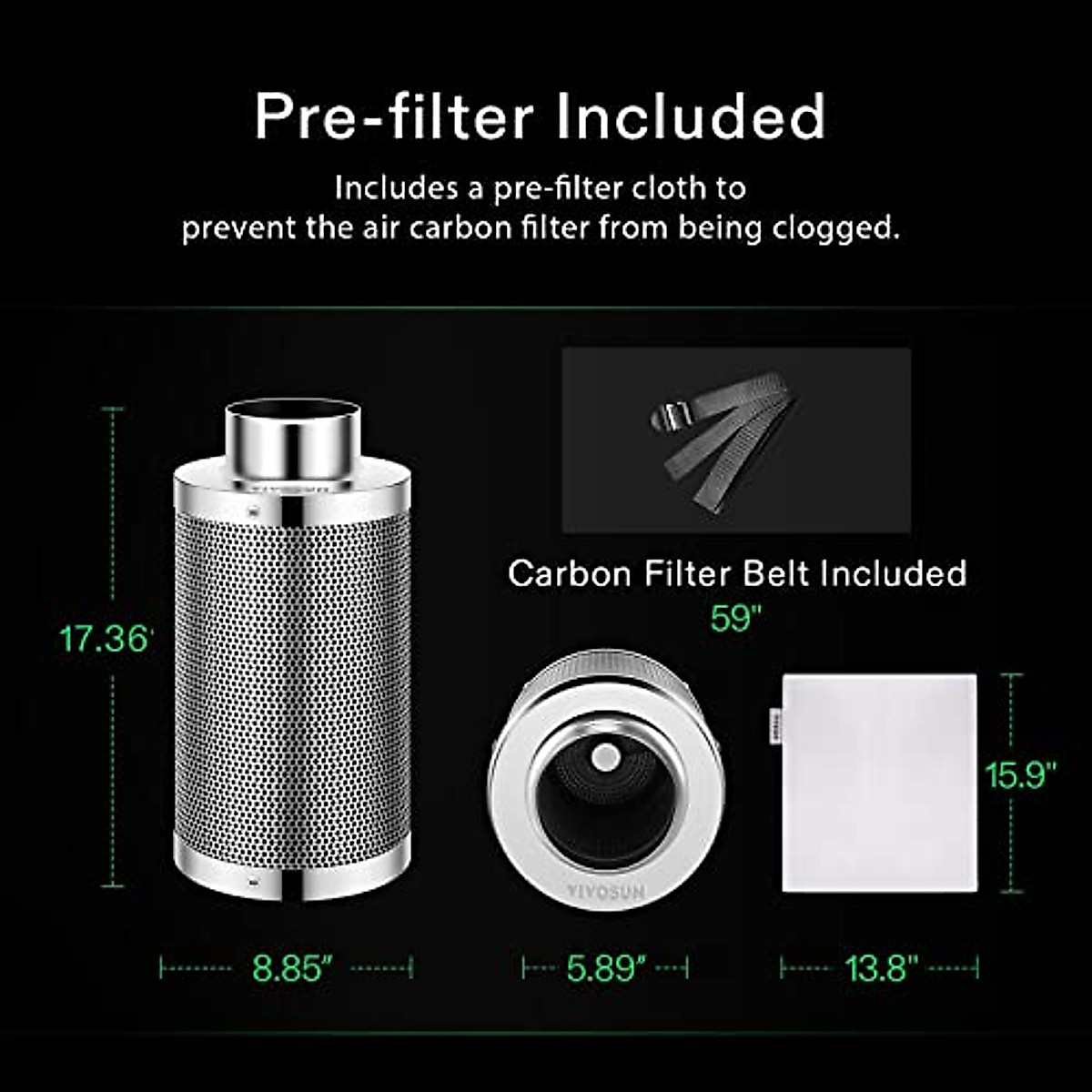 VIVOSUN 6 Inch Air Carbon Filter Smelliness Control with Australia Virgin Charcoal for Inline Duct Fan, Grow Tent, Pre-Filter Included, Reversible Flange 6"x 18"