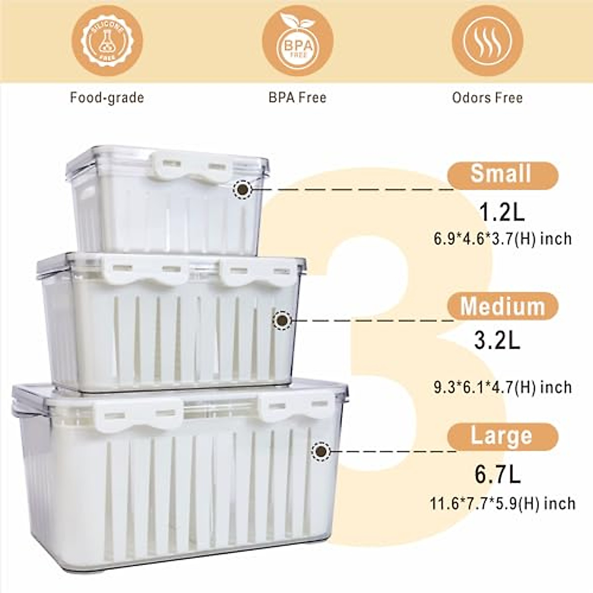 Rhewatin 3pc Fruit Storage Containers for Fridge with Time Keeper, Partitioned Vegetable Storage Containers for Refrigerator with Removable Colander and Divider, Airtight Lettuce Keeper, White