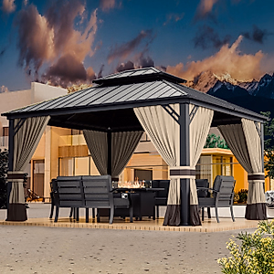 ASJMR 12x14ft Hardtop Gazebo Double Roof, outdoor pavilion with 2-layer hard top galvanized iron frame garden tent, suitable for courtyards, backyards, decks, and grass