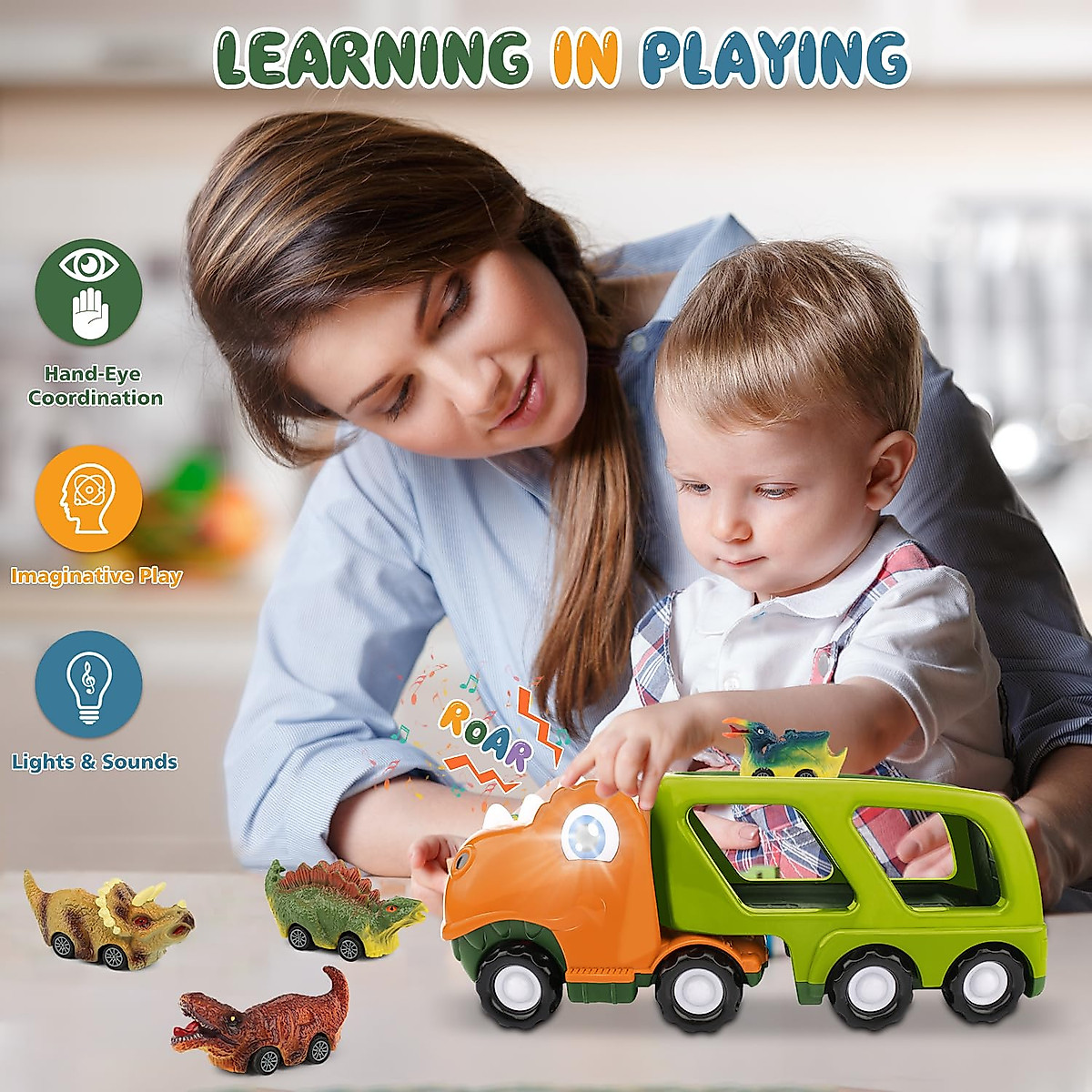 Nicmore Dinosaur Truck Toddler Toys Car: Toys for 2 3 4 Year Old Boy 5 in 1 Carrier Transport Toys for Kids Age 2-3 2-4 | 18 Months 2 Year Old Boy Girl Birthday Gifts