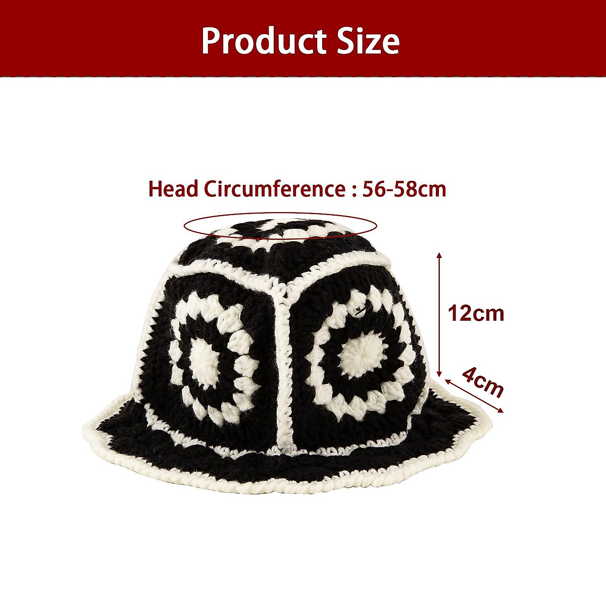 Crochet Bucket Hat for Women Crochet Hat Handmade Knitted Hat Foldable Floral Crochet Beanie Hat for Women Girls Outdoor Black/White