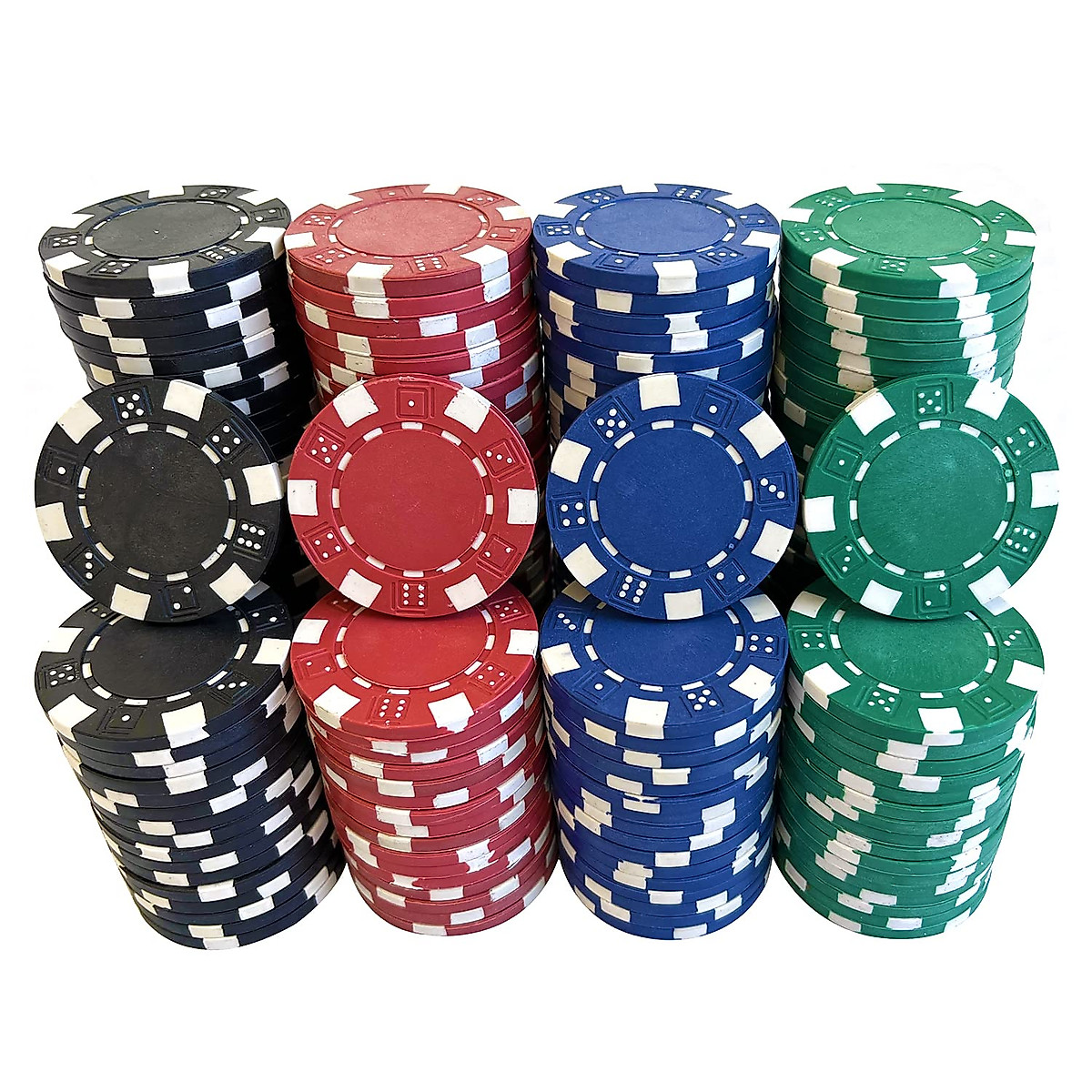 SEETOOOGAMES 200 Pieces 11.5g Clay Composite Dice Striped Casino Poker Chips- 4 Colors (red, Green, Black and Blue)