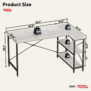 Bestier L Shaped Desk with Storage Shelves 55 Inch Corner Computer Desk Writing Study Table Workstation for Home Office, Wash Gray