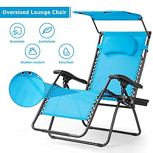 S AFSTAR Zero Gravity Chair with Shade Canopy, Reclining Lounge Chair with Adjustable Canopy Removable Headrest, Cup Holder, Folding Zero Gravity Lawn Chair for Patio Poolside, Assembly-Free, Blue
