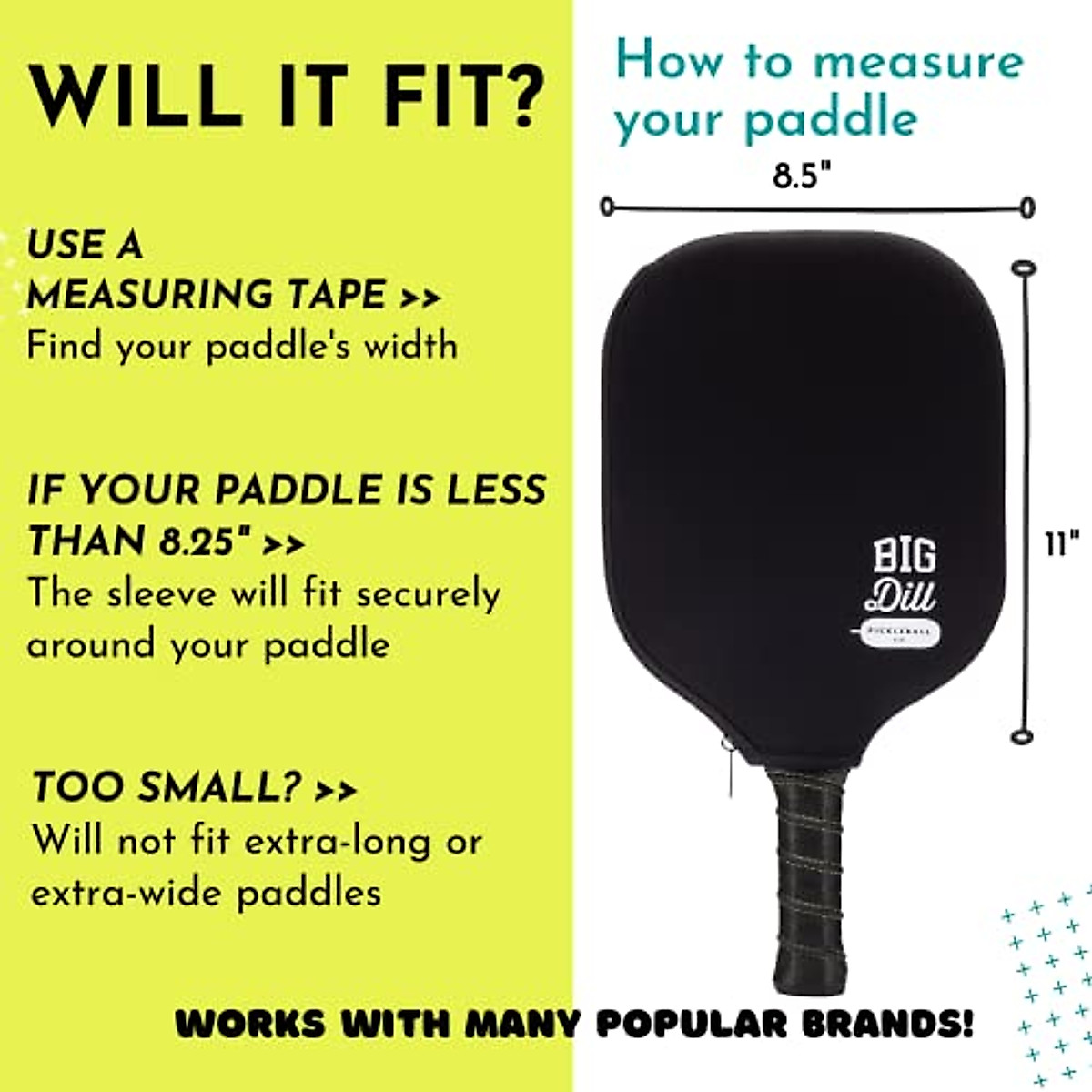 Big Dill Pickleball Co. Individual Pickleball Paddle Cover Only Neoprene Sleeve - Case Fits Pickleball Rackets up to 8.25" Wide (Black)