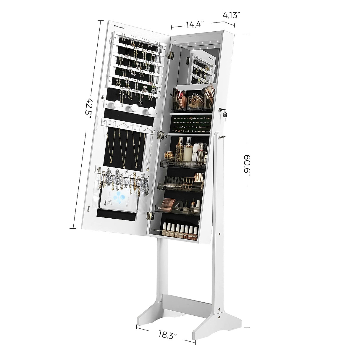 SONGMICS LED Mirror Jewelry Cabinet, Adjustable Brightness and 3 Shades of Light, Standing Jewelry Armoire with Full-Length Mirror, Jewelry Organizer with Built-in Mirror and Lights, White UJJC016W01