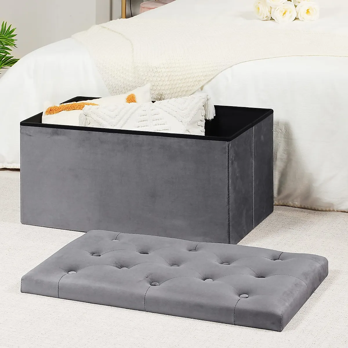 B FSOBEIIALEO Folding Storage Ottoman, Long Ottomans Shoes Bench, Velvet Storaeg Chest Footrest Seat 31.5"x15.7"x15.7" (Grey, Large)