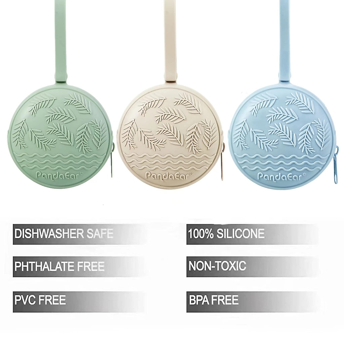 PandaEar 3 Pack Silicone Pacifier Holder Case, Portable Travel Pacifier Pouch for Newborns, BPA-Free Silicone Pacifier Storage Container for Boys & Girls (Green, Blue, Cream)