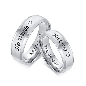 MZZJ Personalized Inside Her Weirdo & His Crazy Couple Ring Set 6MM Brushed Finish Stainless Steel Bevel Edges Engagement Ring Wedding Band,Birthday Gift for Boyfriend Girlfriend