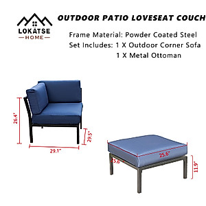 LOKATSE HOME 2 Piece Patio Furniture Set Sectional Balcony Corner Outdoor Loveseat Couch Armchiar Sofa with Ottoman Metal Steel Frame, Blue
