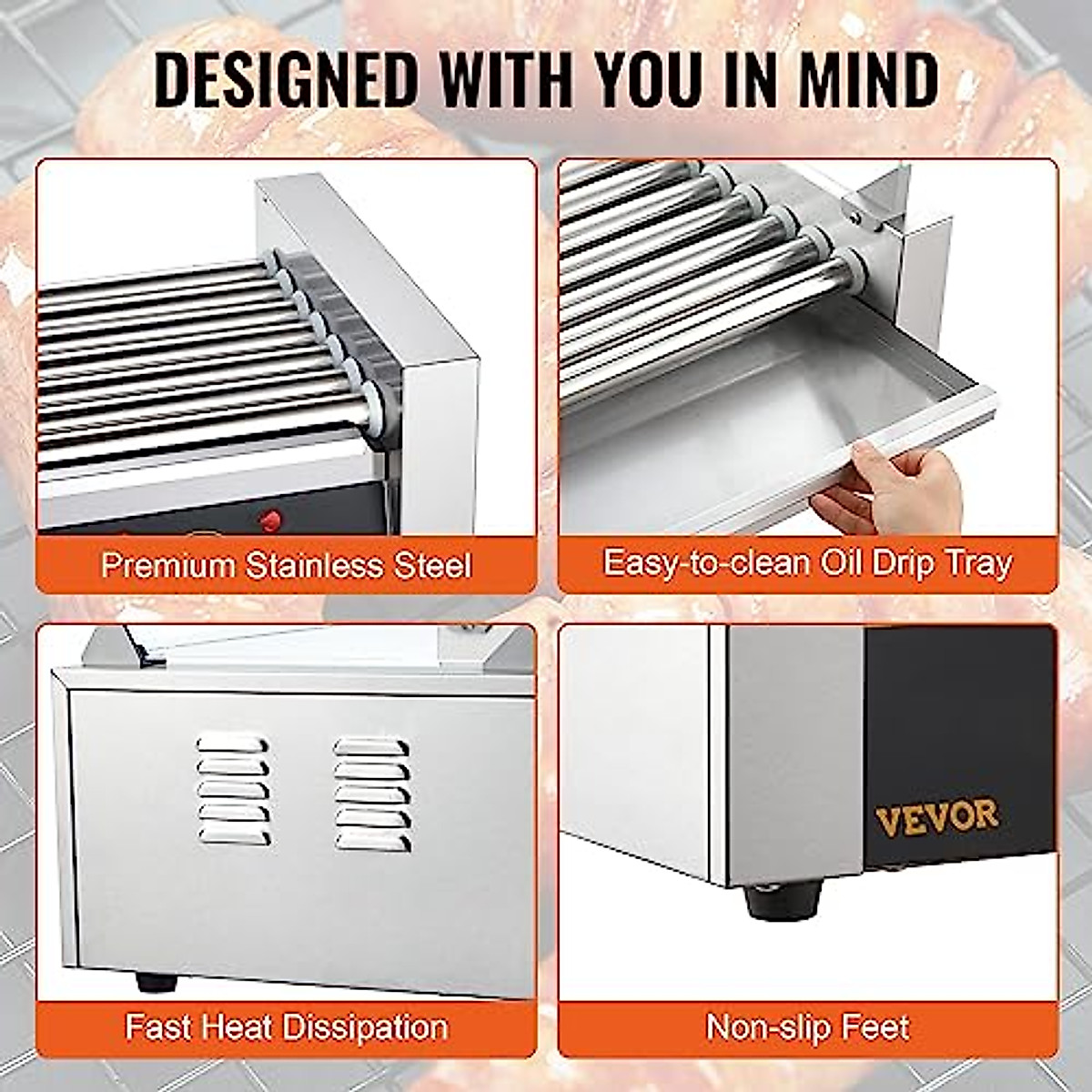 VEVOR Hot Dog Roller 7 Rollers 18 Hot Dogs Capacity 1050W Stainless Sausage Grill Cooker Machine with Dual Temp Control Glass Hood Acrylic Cover Bun Warmer Shelf Removable Oil Drip Tray, ETL Certified