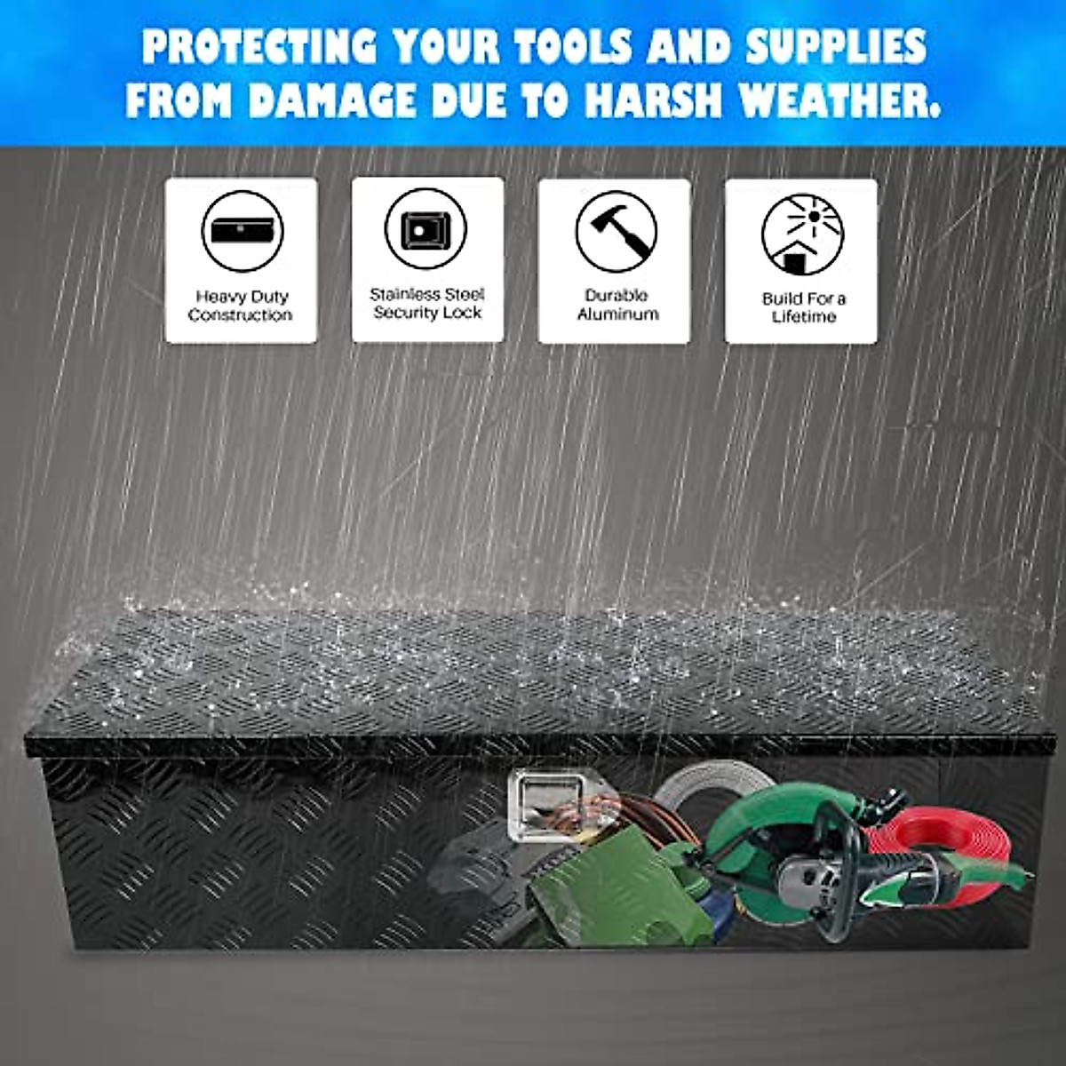 Eivojor Aluminum Stripes Plated Truck Tool Box Pick Up Truck Bed RV Trailer Toolbox Storage Organizer with Side Handles, Lock and Keys - 39" x 13" x 10",Black