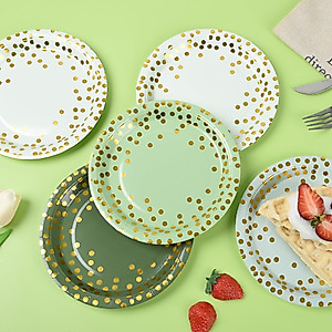 AimFun Sage Green Party Plates Gold Foil Polka Dots Gradient Green Dessert Paper Plates Disposable 7inch Birthday Cake Plates for Bridal Baby Shower Tini Bit Older Party Supplies (24, Sage Green)
