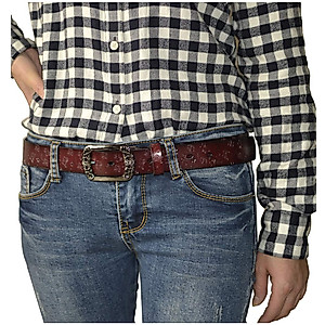 AmyKer Womens Leather Belts for Jeans Black Brown Yellow Red Cowgirl Embossed Belt and Buckle Elegant Gift Box Brown 45 inch (115cm)