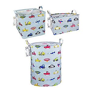 FANKANG Storage Bins Nursery Hamper Canvas Laundry Basket Foldable with Waterproof PE Coating Large Storage Baskets Gift Baskets for Kids, Office, Bedroom, Clothes,Toys (Cars)