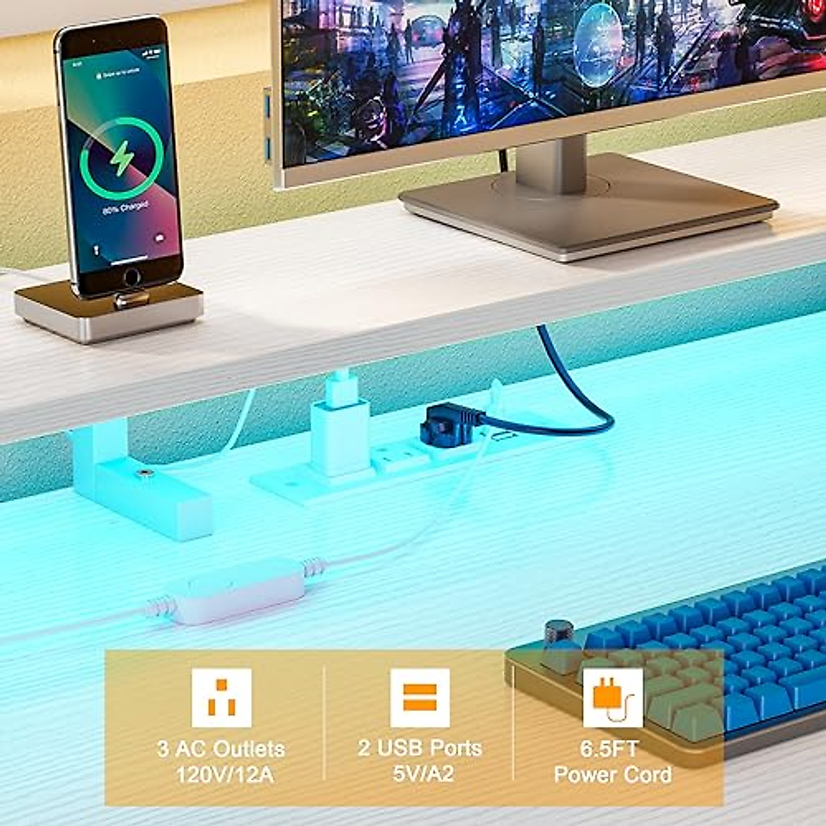 Furologee White L Shaped Desk with LED Lights & Power Outlet, Reversible Corner Computer Desk/91in Long Desk with Fabric Drawer and Shelves, Home Office Gaming Table with Monitor Stand-(55.1+39.4) in