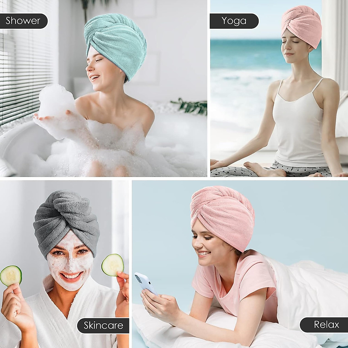 TENSTARS 5 Pack Thicken Microfiber Hair Towel Wrap for Women - Elastic Loop Design - 320GSM Coral Velvet - Quick Dry Hair Turban - 11x28 Inch (Grey+Pink+Brown+FrozenBlue+FrozenBerry)