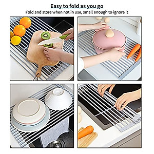 Roll Up Dish Drying Rack Drain Board Drainers, Over The Sink Dish Drying Rack for Kitchen Counter Foldable Dish Drainer Sink Rack Kitchen Organization Gadgets 17''x13'', Warm Grey