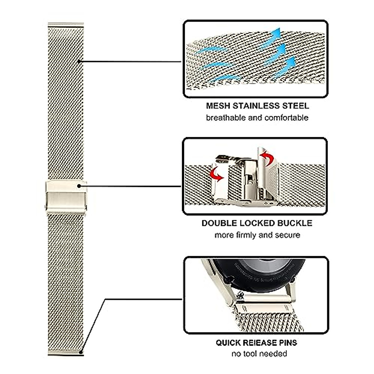TRUMiRR Women Band for Galaxy Watch 6 40mm Gold, 20mm Mesh Stainless Steel Watchband Replacement Strap for Samsung Galaxy Watch 6 5 4 40mm 44mm / Watch 6 Classic 43mm 47mm