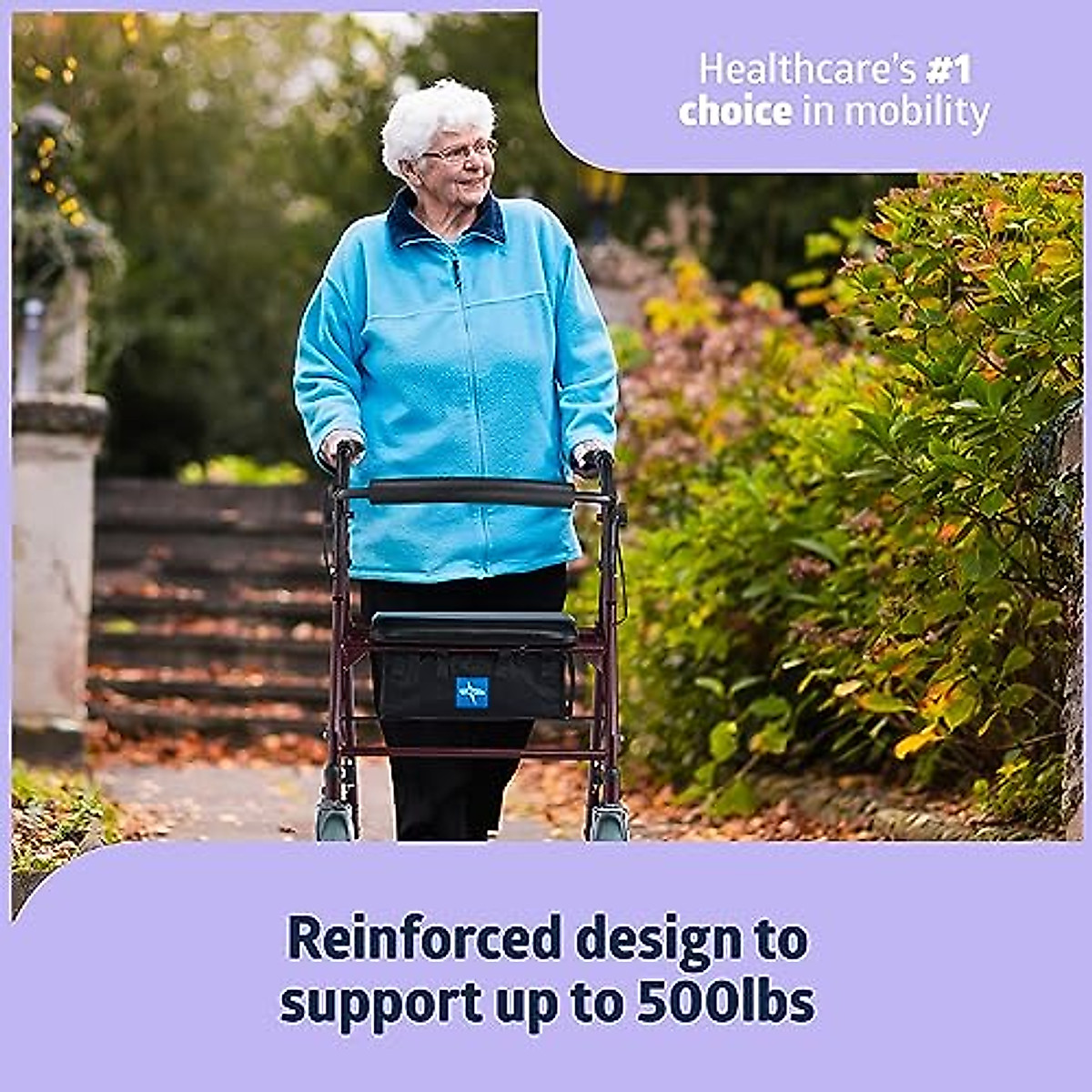 Medline Bariatric Heavy Duty Steel Rollator Supports up to 500 lbs, Strong, Comfortable Rolling Walker with 8 inch Wheels