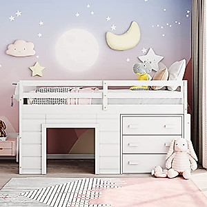 Harper & Bright Designs Low Loft Bed with Storage Drawers, Wood Twin Size Loft Bed with Cabinet, Shelf, Ladder, Safety Rail for Girls, Boys, Teen （White