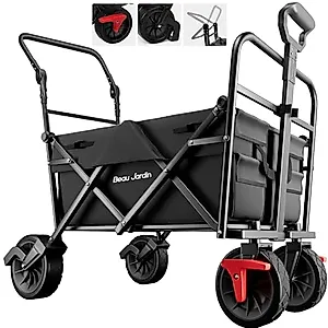 BEAU JARDIN Collapsible Folding Beach Wagon Cart 350lbs Foldable All Terrain Wagon 100L Utility Camping Grocery Portable Outdoor Garden Sport Shopping Heavy Duty Push Pull Wagon Black