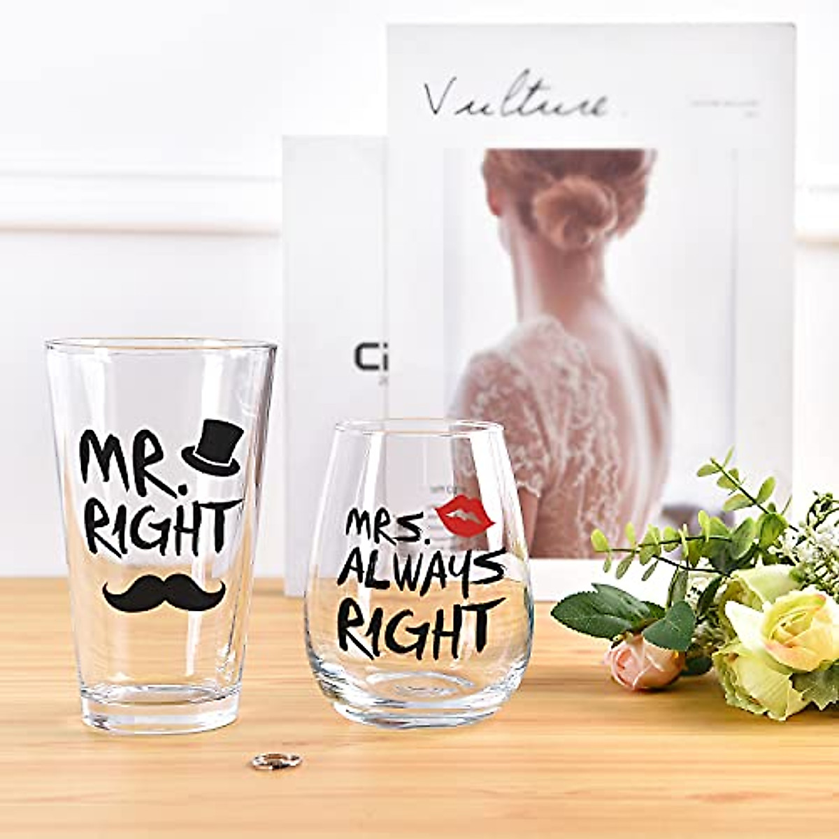 Mr. Right and Mrs. Always Right Stemless Wine Glass and Beer Glass, Funny Couple Set for Her Him Newlywed Couples - Ideal for Wedding Anniversary Valentine's Day Birthday Christmas, 12Oz