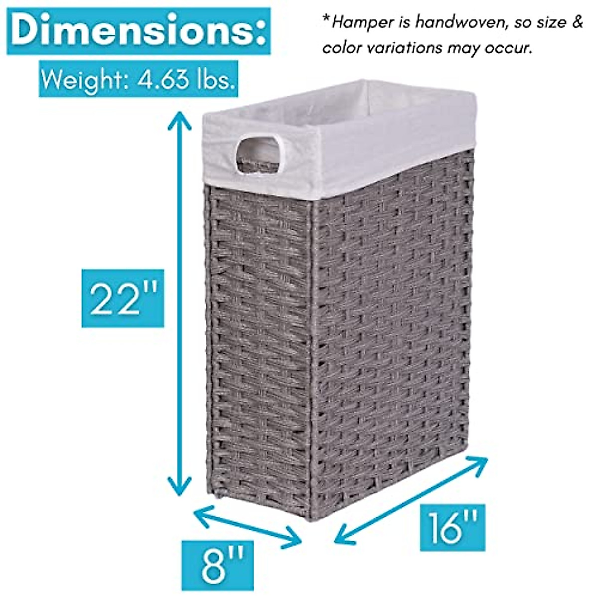 BIRDROCK HOME 22" Slim Laundry Hamper with Removable Liner Bag | Grey | Handwoven | Compact Collapsible Clothes Basket | Synthetic PE Rattan