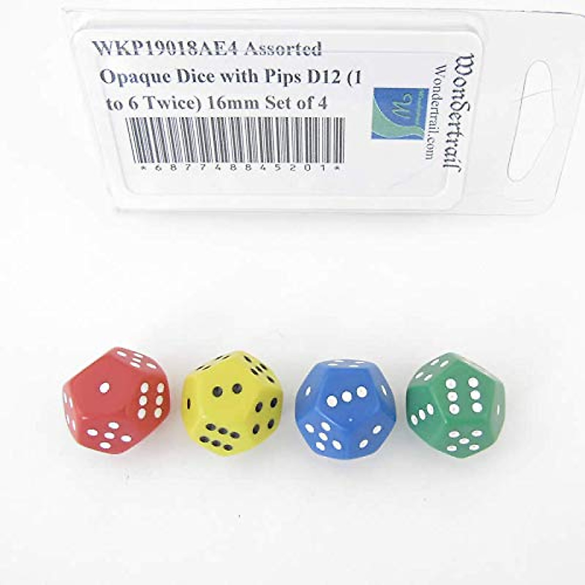 Assorted Opaque Dice with Pips D12 (1 to 6 Twice) 16mm (5/8in) Set of 4 Wondertrail
