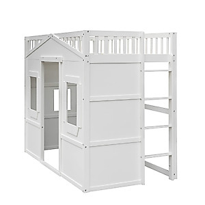 Twin House Loft Bed Frame for Kids, Wood Twin Loft Bed with Windows and Guardrail, Playhouse Bed, Twin Size Loft Bed for Boys & Girls, No Box Spring Needed, Underbed Height is 51 Inches, White