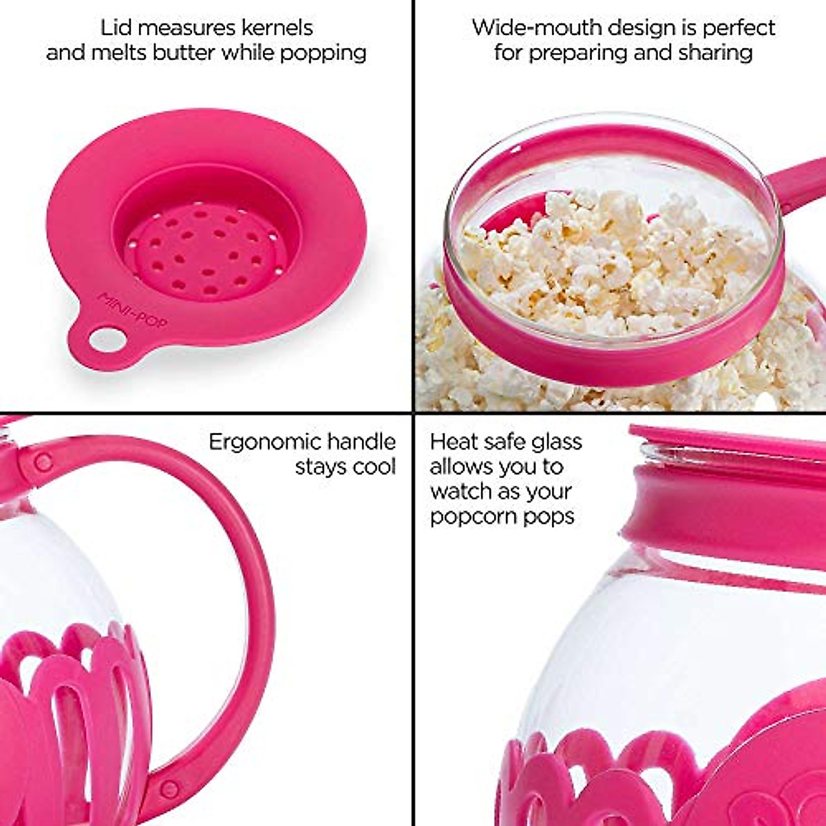 Ecolution Patented Micro-Pop Microwave Popcorn Popper with Temperature Safe Glass, 3-in-1 Lid Measures Kernels and Melts Butter, Made Without BPA, Dishwasher Safe, 3-Quart, Hot Pink