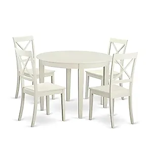 East West Furniture BOST5-WHI-W 5 Piece Modern Dining Table Set Includes a Round Kitchen Table and 4 Kitchen Dining Chairs, 42x42 Inch, Linen White