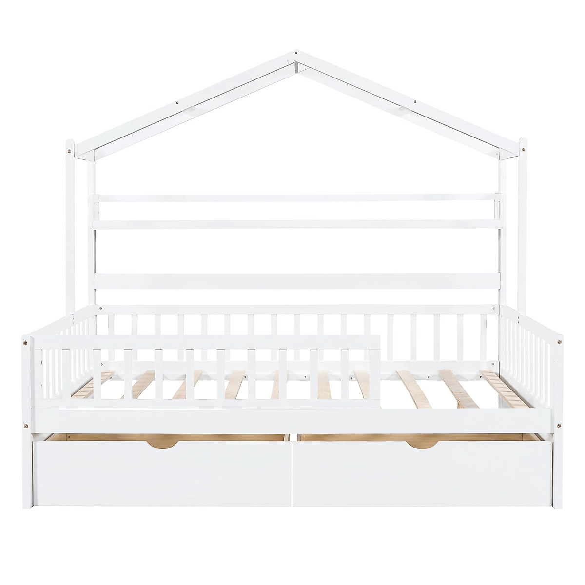 DEINPPA Full House Bed with Drawers, Kids Bed with Shelf and Fence Guardrails, Wood Bed Frame with Decorative Roof Designs, No Box Spring Needed, for Boys Girls Toddler Kids-White