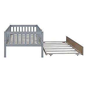 RORIGAT Wooden Daybed, Twin Size Bed Frame with Trundle and Fence Guardrails for Kids Teens Adults, Wood Slat Support, No Box Spring Needed, Easy Assembly,Gray