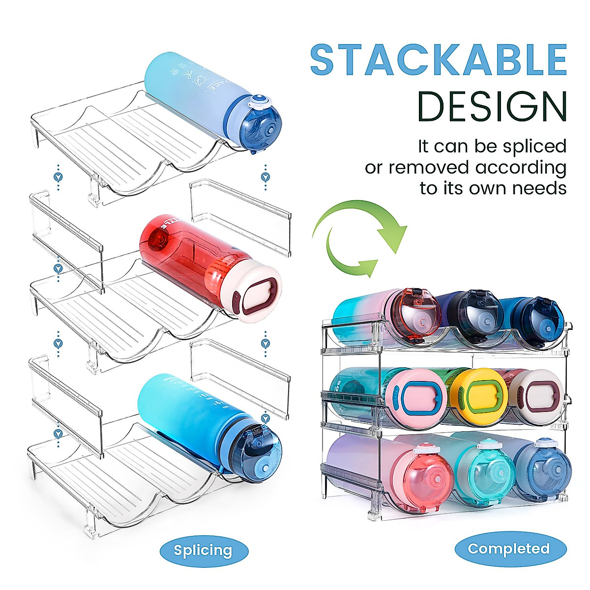spospo Water Bottle Organizer for Cabinet, 3 Pack Water Bottle Organization and Storage Shelf, Plastic Water Bottle Holder Rack for Fridge, Kitchen, Desktop