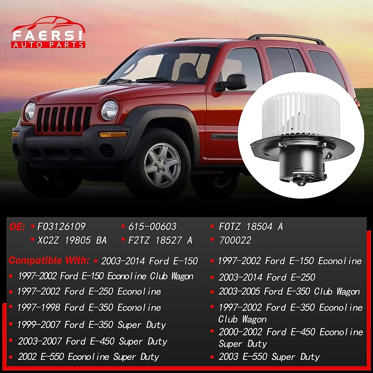 FAERSI HVAC Plastic Heater Front Blower Motor with Fan Cage 700022 Compatible with Ford, 1997-2014 E-150, 1997-2014 E-250, 1997-2016 E-350, 2000-2014 E-450, 1999-2006 Ford Econoline Van Front