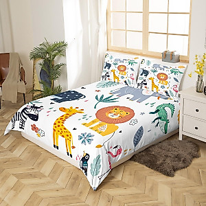 Kids Zoo Animal Duvet Cover Cute Wild Animals Bedding Set Cartoon Safari Wild Print Comforter Cover for Boys Girls Children Teens Bedroom Decor Exotic Natural Theme Bedspread Cover Full Size