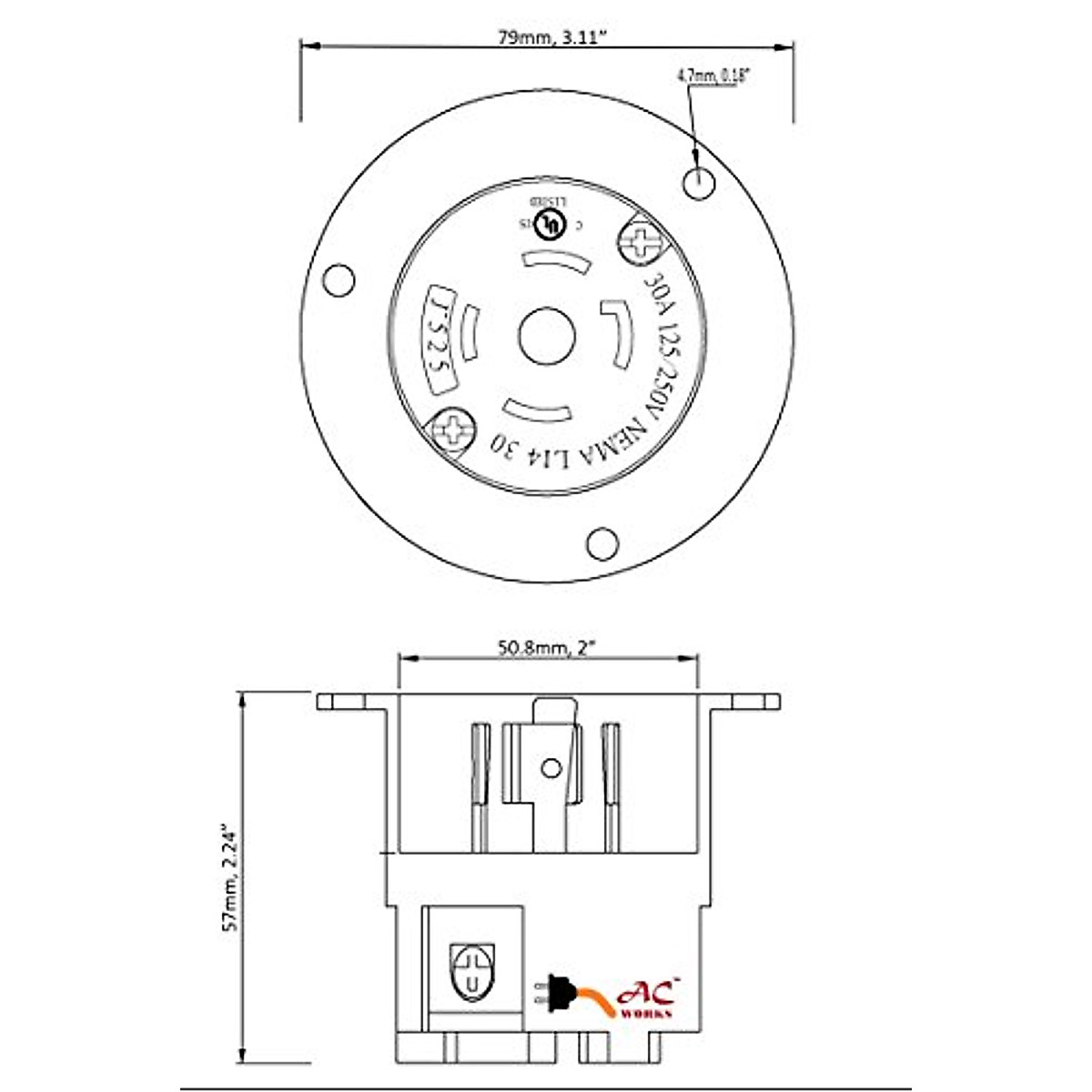 AC WORKS [ASINL1430P 30-Amp 125/250-Volt NEMA L14-30P Flanged Power Input Inlet
