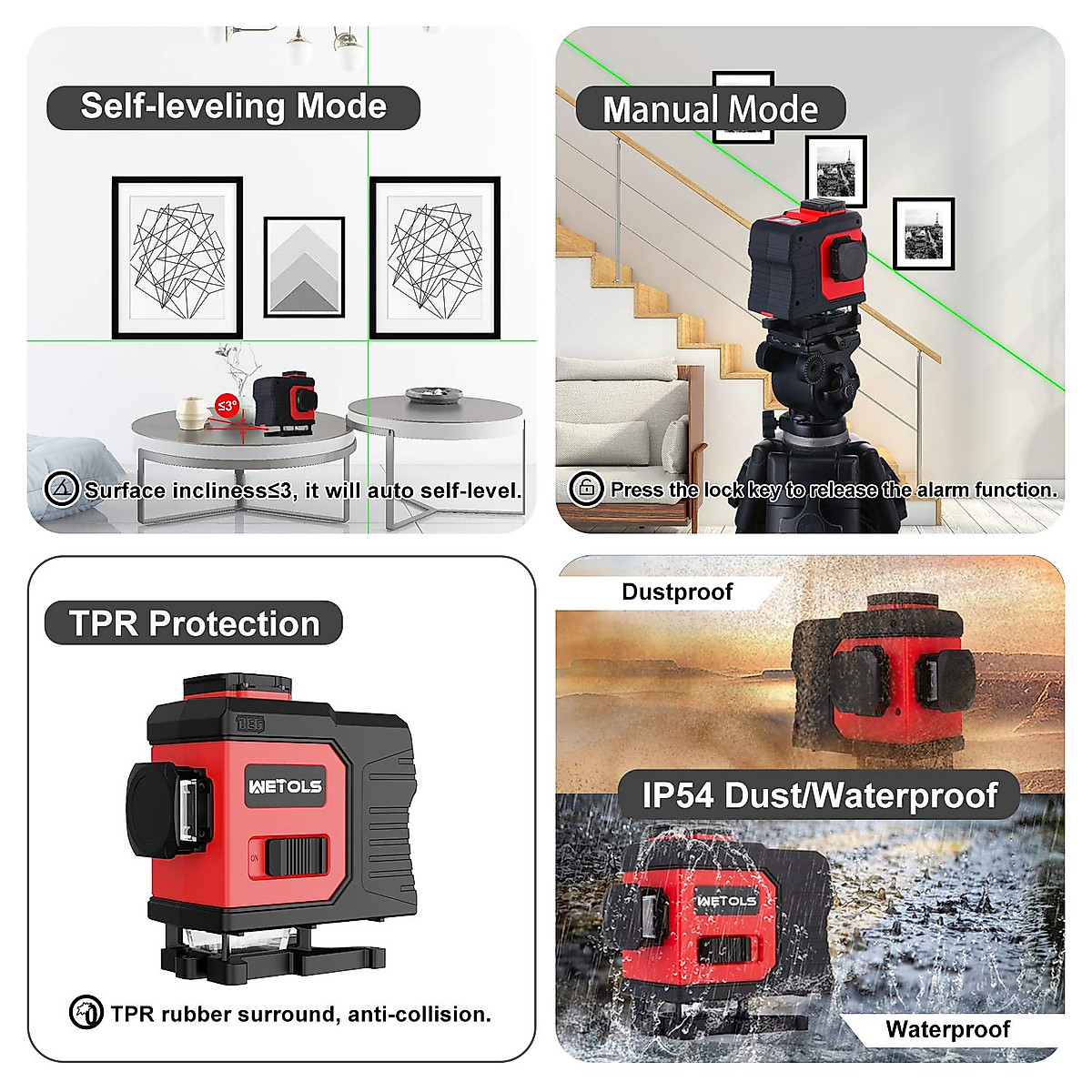 WETOLS 12 Lines Laser Level, 3x360° 3D Green Cross Line, Rechargeable Batteries, Remote Controller, Switchable & Auto Self-Leveling, Three-Plane Leveling & Alignment, with Portable Toolbox WE-185