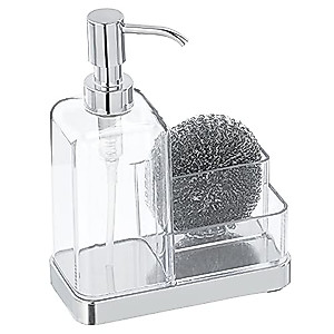 mDesign Plastic Kitchen Sink Countertop Hand Soap Dispenser Pump Bottle Caddy Organizer Holder with Storage for Bathroom - Holds Dish Sponge and Brushes - Omni Collection - Clear/Chrome