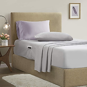 Comfort Spaces Bed in A Bag - Trendy Casual Design Cozy Comforter with Complete Sheet Set with Side Pocket, All Season Cover, Matching Shams Twin XL(66 in x 90 in), Kate, Grey/Purple 6 Piece