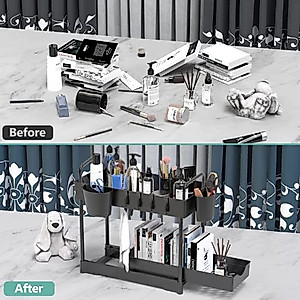 Warmodern 2 Pack Under Sliding Cabinet Basket Organizer, 2 Tier Bathroom Organizer Under Sink, Kitchen Cabinet Organizers Baskets with 8 Hooks and 4 Hanging Cups, Under Sink Storage for Bathroom