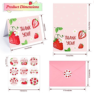 Konsait Strawberry Thank You Cards, 24 Pack Strawberry Theme Thank You Cards with Envelopes and Stickers, 6 Design Thank You Greeting Cards for Baby Shower Bridal Shower Wedding