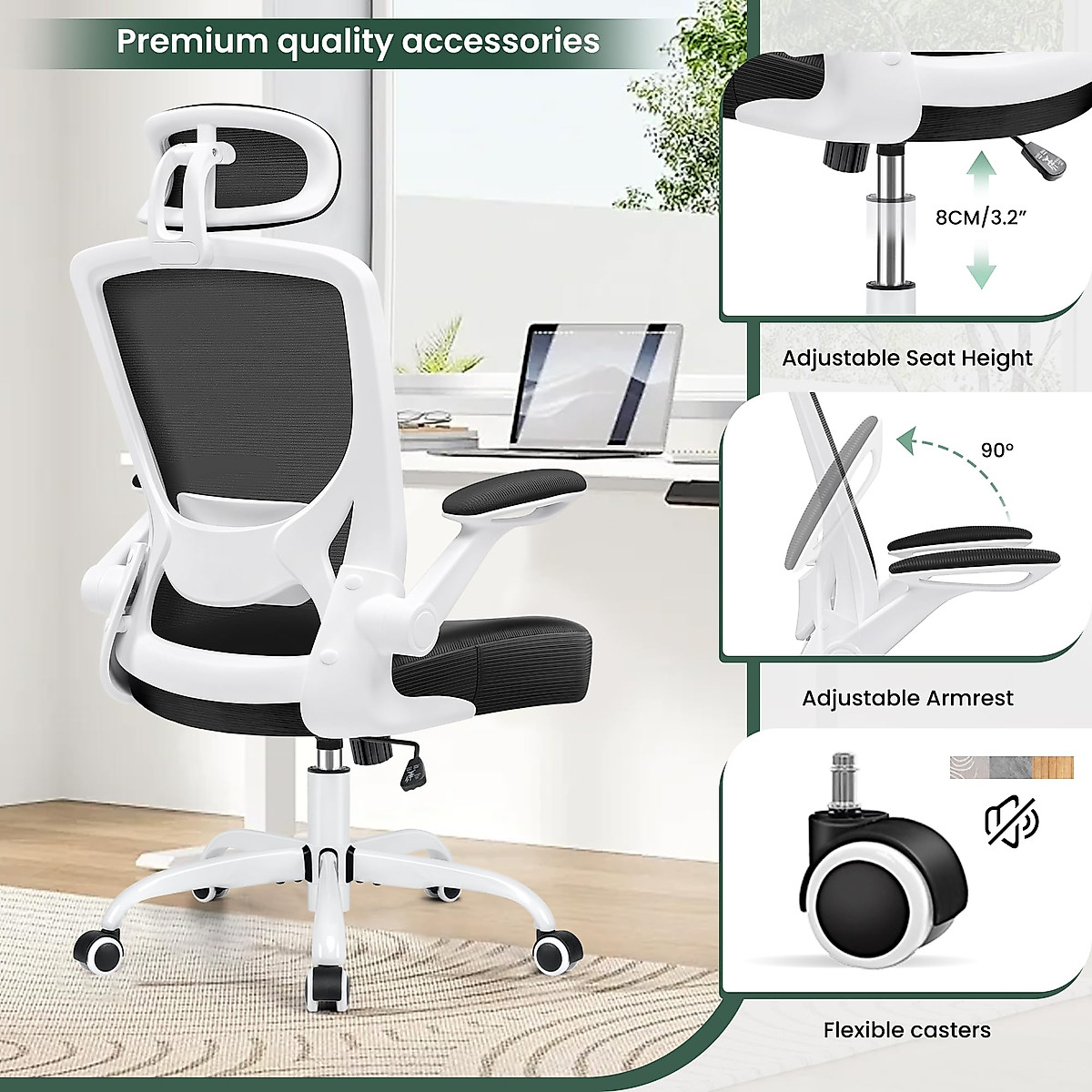 KERDOM Ergonomic Office Chair, Breathable Mesh Desk Chair, Lumbar Support Computer Chair with Headrest and Flip-up Arms, Swivel Task Chair, Adjustable Height Gaming Chair, White