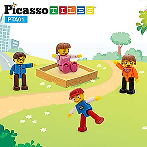 PicassoTiles Magnetic 4 Family Action Figures Toddler Toy Magnet Expansion Pack Educational Add-on STEM Learning Kit Toys Pretend Playset for Construction Building Block Tiles Child Brain Development