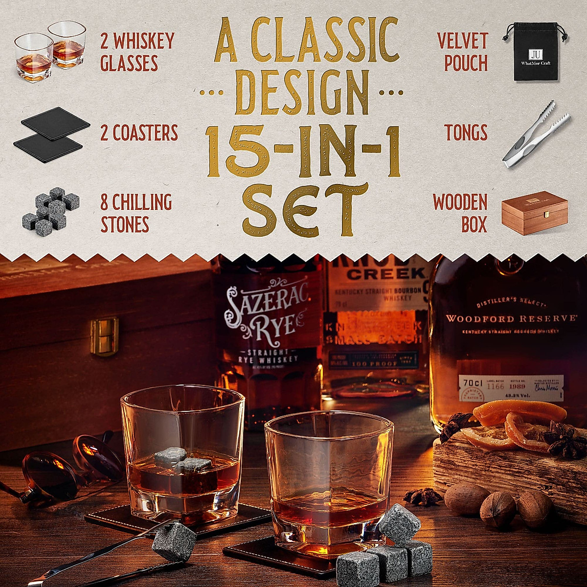 Whiskey Glass Set with Whiskey Stones in Wood Gift Box, Set of 2 Classic-Shape Whiskey Glasses,8 Chilling Stones, Pouch, 2 Coasters & Tongs—Whiskey Gifts for Men, Birthday Gifts, Alcohol Gift Sets